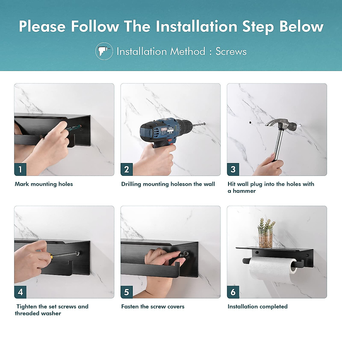 UNIGANT Paper Towel Holder with Shelf for Kitchen , Paper Towel Holder Wall Mount for Bathroom, Self-Adhesive Anti-Rust Aluminum, No Drill or Wall-Mounted with Screws (Sandblasted Silver)