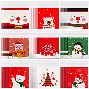 FEBSNOW 450 PCS Christmas Self-adhesive Candy Cellophane Bags Treat Cookie Bags for Christmas Holiday Party Favor Gift Decoration Supplies (9 Patterns)