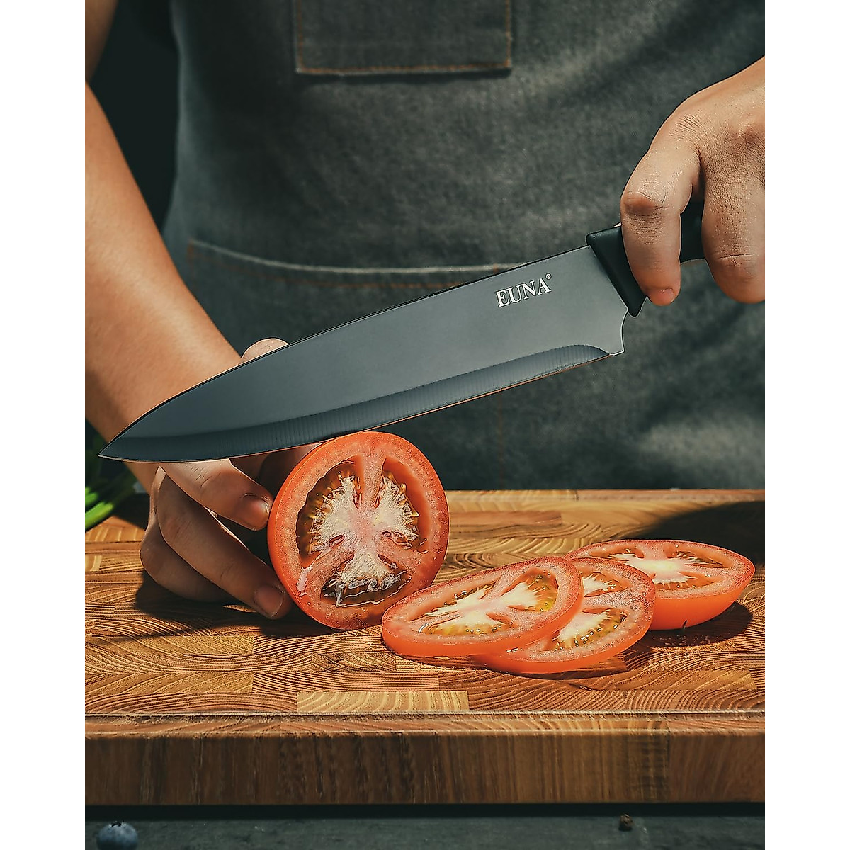 EUNA Kitchen Knife Set, 19 PCS Black Knife Set with Acrylic Block and Sharpener, German High-Carbon Stainless Steel Knife Sets with 6 Serrated Steak Knives, Bread Knife, Chef Knife, Dishwasher Safe