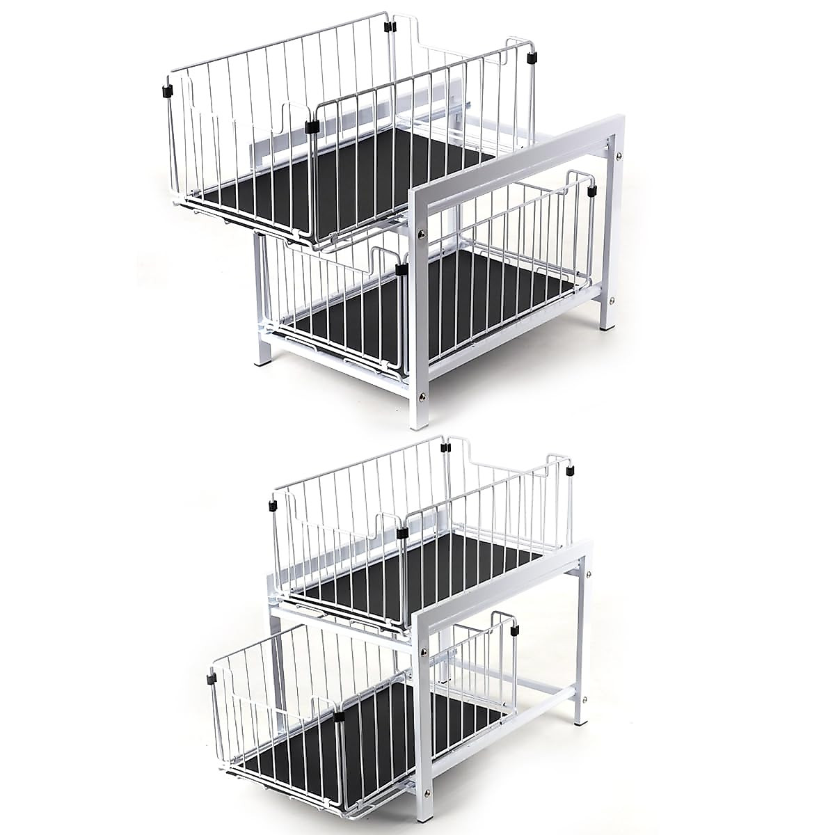 IIF Under Sink Organiser White 2 Tier Sliding Basket Drawers Storage Organisation Pull out Sink Shelf Cabinet Rack for Bathroom Kitchen Pantry