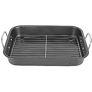 Deluxe Non Stick Roaster/Roasting Pan with Handles and Grill Rack, Excellent for Turkeys, Hams and Chickens 14.5" x 11.5", Black