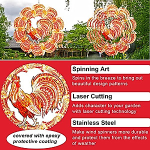 Rooster Wind Spinner Hanging, 3D Wind Spinners Outdoor Garden Decor, 12in Cock Spinning Yard Art Metal Large Ornaments, Stainless Steel Wind Catcher Chicken for Backyard, Red Gold Wind Sculptures Gift