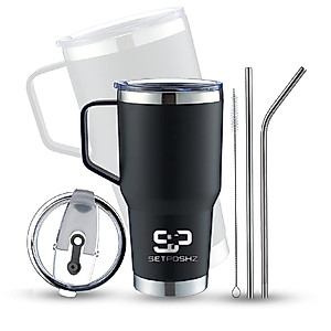 SETPOSHZ 30 Oz Tumbler with Handle, Lid and Straw - Double Wall Vacuum Insulated Stainless Steel Travel Mug - Leak Proof, Hot and Cold Beverages, Portable Thermal Cup for Car, Camping, Office -