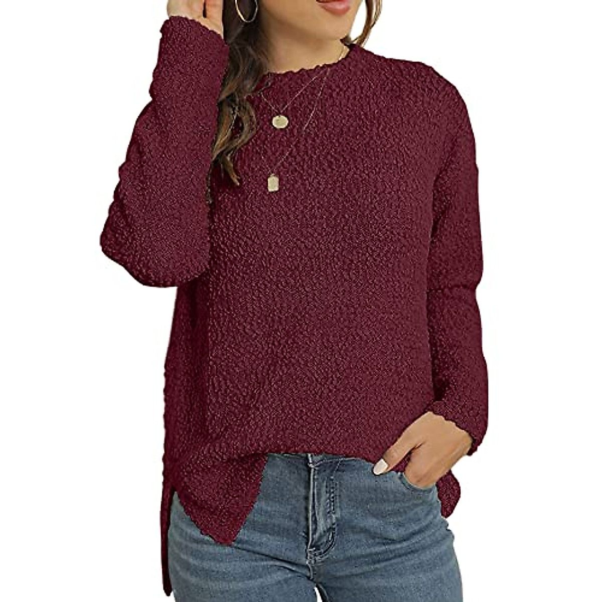 GRECERELLE Women’s Fuzzy Knitted Sweater Sherpa Fleece Side Slit Long Sleeve Loose Fit Jumper Outwears Pullover Sweater Blouse Wine Red-Mudium