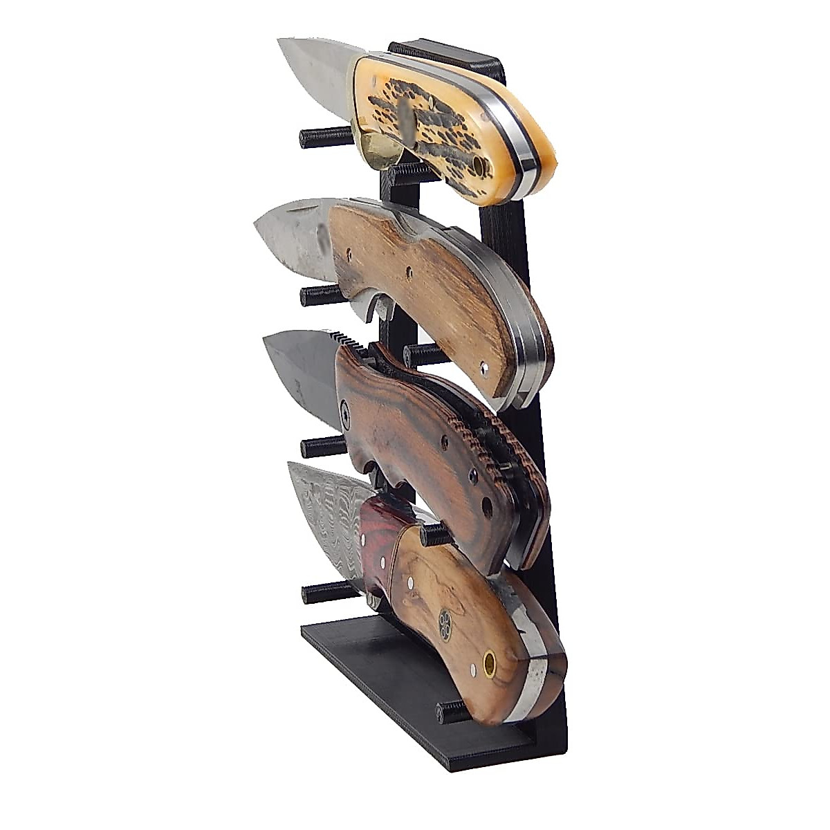 Black Knife Display Stand Rack Holder Organizer For 4 Medium To Large Pocket Or Fixed Blade Knives - Holds Four Blades - Wall Mount Or Sit On Flat Surface