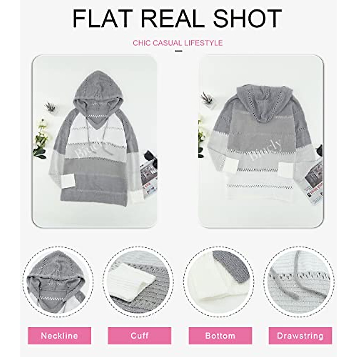 SHEWIN Womens Striped Color Block Lightweight Knit Hooded Sweater Casual Long Sleeve V Neck Drawstring Hoodies Pullover Sweatshirt Fall Outfits for Women,US 16-18(XL),Light Grey