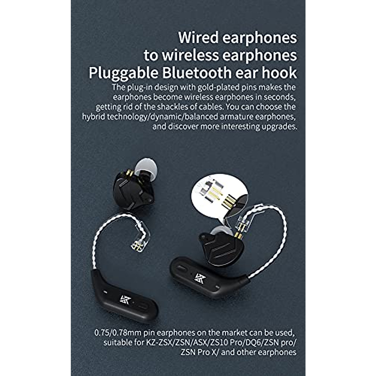 erjigo TWS + Earbuds Hook 2Pin Connector with Mic Support/30 Hours Playback,KZ-AZ09 HD Bluetooth5.2 Ear Hook Compatible with 0.75/0.78mm Pin Earphones/Headphones/Headsets for Sports (C Pin)