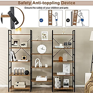 Giantex Triple 5-Tier Industrial Bookshelf- Freestanding Metal Frame Ladder Bookcase with 14 Open Shelves, Wooden Large Display Open Shelving for Living Room Home Office Study, Rustic Brown