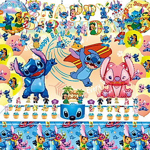 Stitch Birthday Decorations, Stitch Party Supplies Include Banner, Ballons, Tablecloth, Backdrop, Cake Toppers, Hanging Swirls, Cute Lilo Party Decorations for Birthday Party