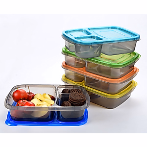 Youngever 7 Pack Bento Lunch Box, Meal Prep Containers, Reusable 3 Compartment Plastic Divided Food Storage Container Boxes