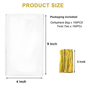 Yotelab Cellophane Treat Bags, 4x9 Inches Clear Cellophane Bags With Twist Ties,100 Pcs