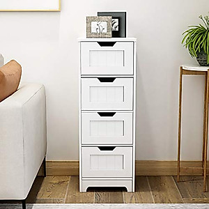RASOO Bathroom Floor Cabinet White Freestanding Storage Organizer Cabinet with 4 Drawers for Bathroom, Living Room, Kitchen, 11.81"x11.81"x32.68"(LxWxH)