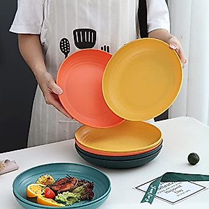 Kyraton 9 Inch Large Deep Plastic Plates 8 Pieces, Unbreakable And Reusable Light Weight Dinner Plates Pasta and Dumpling Bowl Microwave Safe BPA Free Dishwasher Safe (Mutil Color)