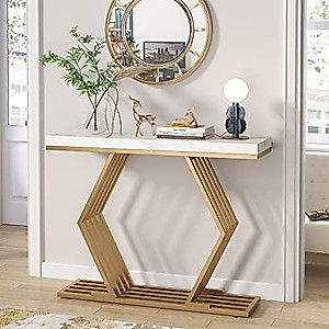 Tribesigns 42 inches Modern Gold Console Table with Geometric Metal Base, White Faux Marble Narrow Entryway Table Foyer Table for Entrance, Living Room, Hallway, Entryway
