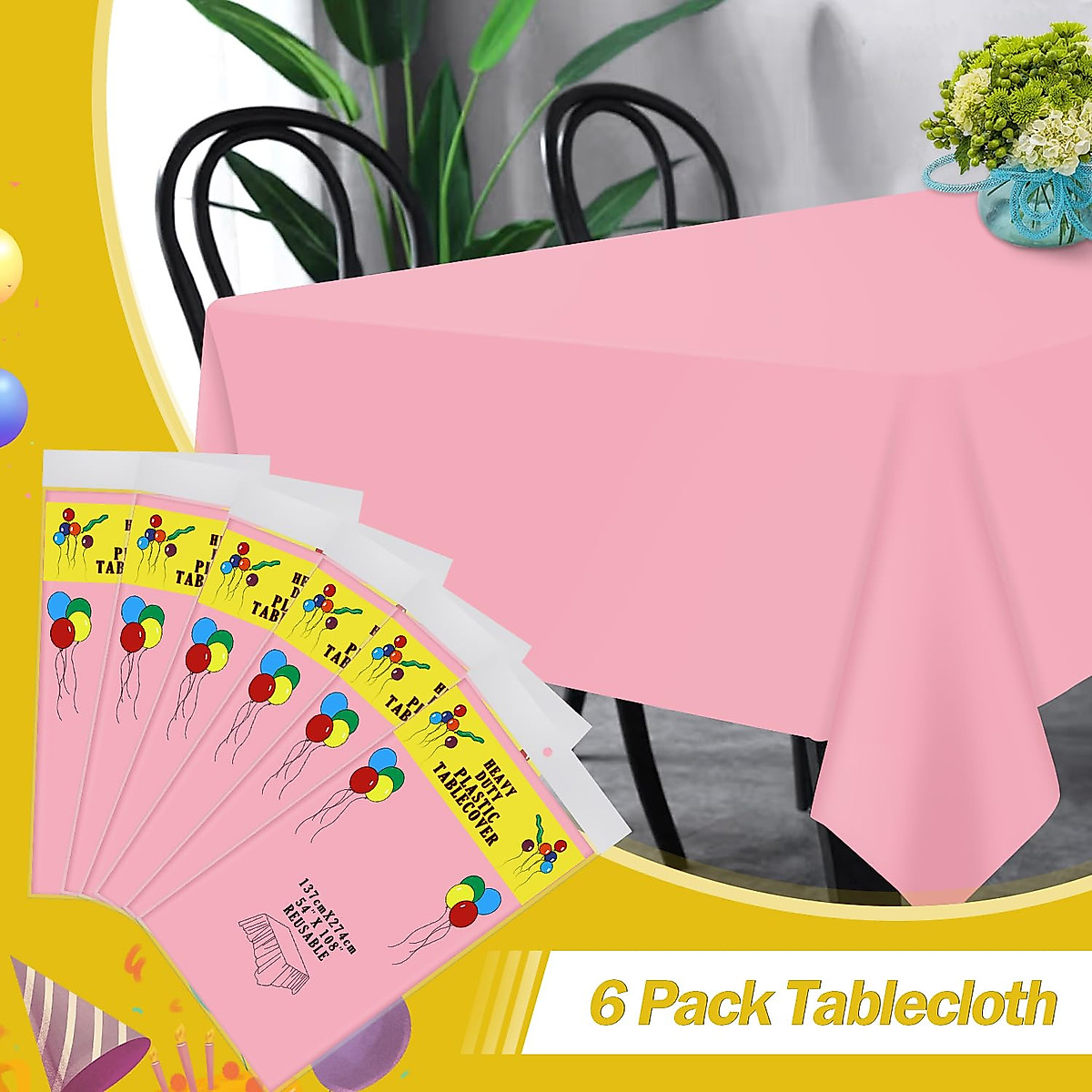 tujol Pink 6 Pack Plastic Table Cloth 54" x 108", Disposable Tablecloths Rectangle Table Cover, Plastic Table Cloths for Parties