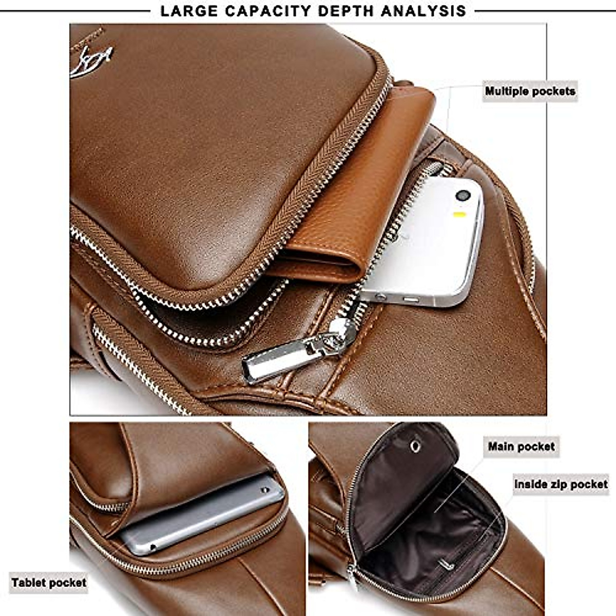 LuckY.Ss Men's Sling Bag PU Leather Waterproof Chest Shoulder Bags Anti-theft Crossbody Backpack Purse with USB Charging Port and Headphone Hole,Small Daypack for Casual Sport Outdoor Travel (Navy 2)