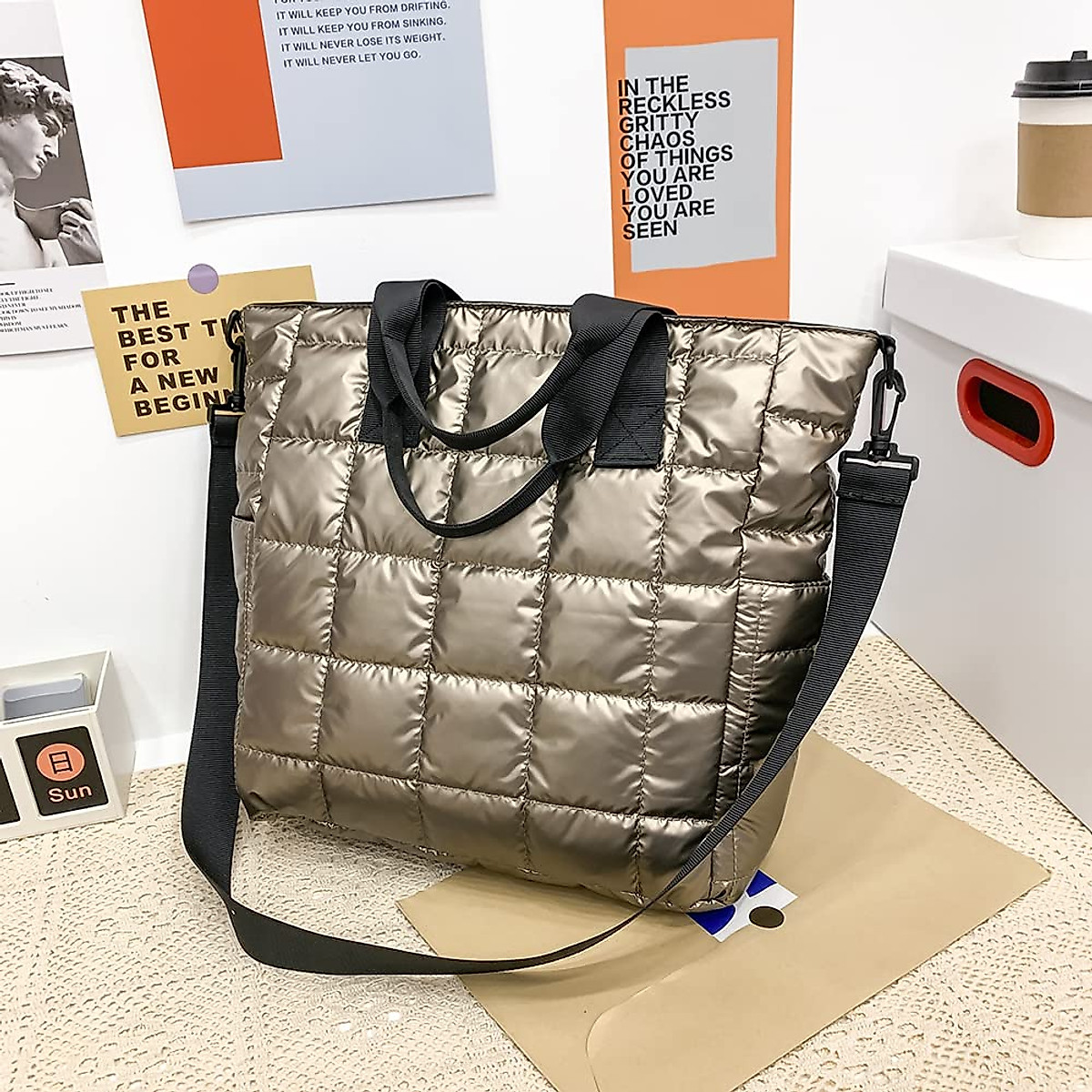 AZURAOKEY Women Lar Quilted Puffer Tote Bag Nylon ow Shopper Bag Women er tch th Handle Fem