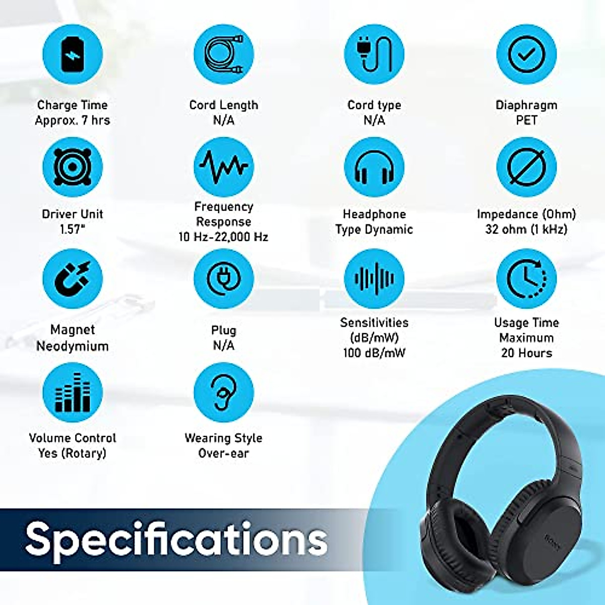 SONY Wireless Headphones for TV Watching (WHRF400R) with Transmitter Dock (TMRRF400) – 6-ft 3.5mm Stereo + NeeGo RCA Plug Y-Adapter