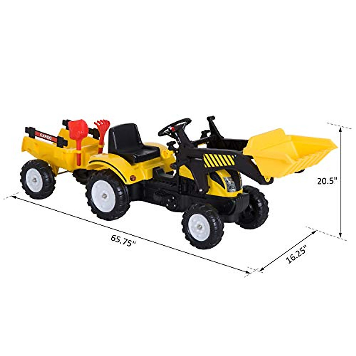 Aosom Kids Ride-On Excavator, Pedal car Bulldozer Move Forward/Back with Real Working Dirt Bucket, 6 Wheels, & Cargo Trailer