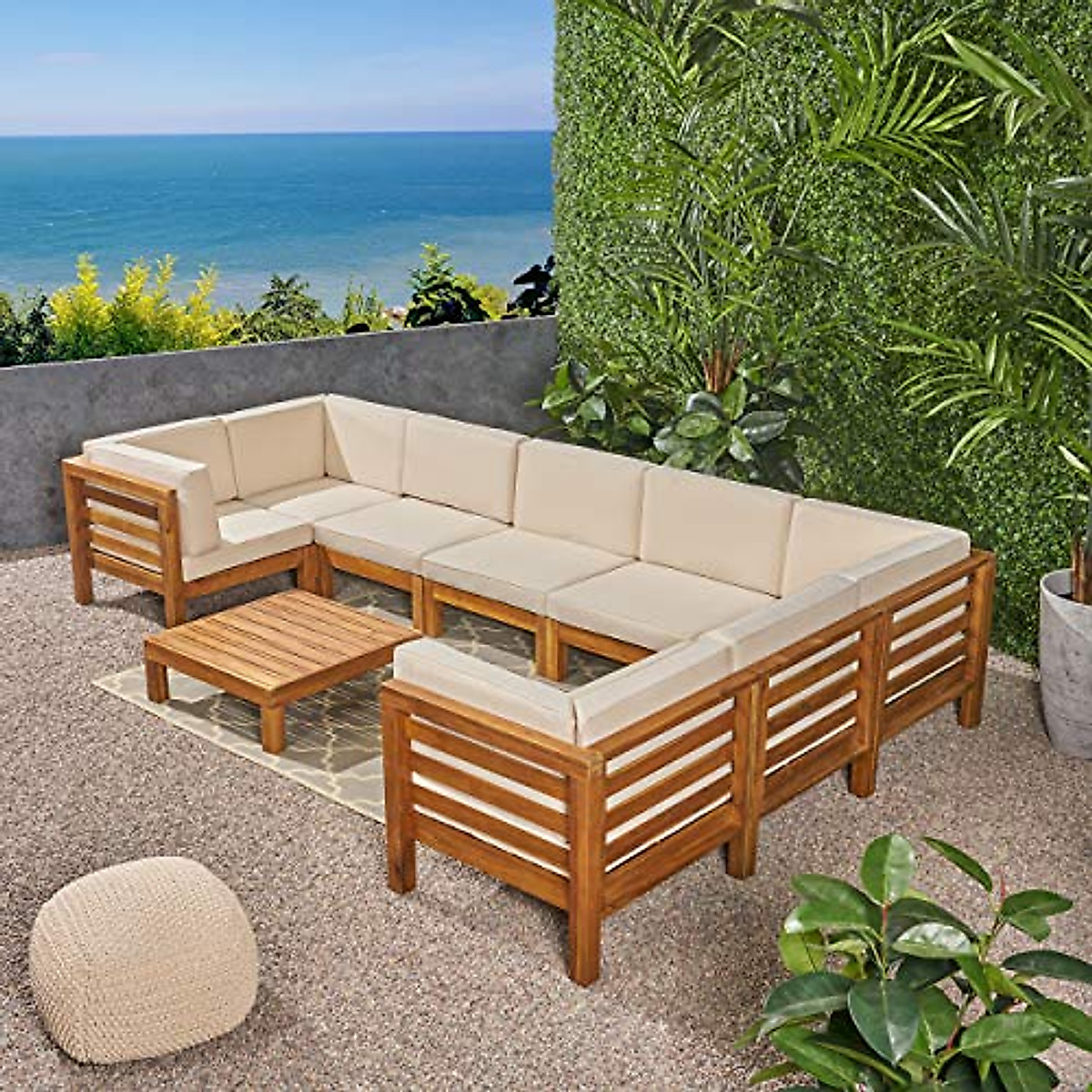 Great Deal Furniture Dawson Outdoor U-Shaped Sectional Sofa Set with Coffee Table - 9-Piece 8-Seater - Acacia Wood - Outdoor Cushions - Teak and Beige
