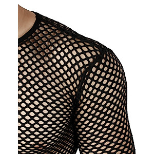 VOWUA Men's Mesh See Through Fishnet Shirts Muscle Pullover Long Sleeves Crew Neck Casual Clubwear Blouse Black