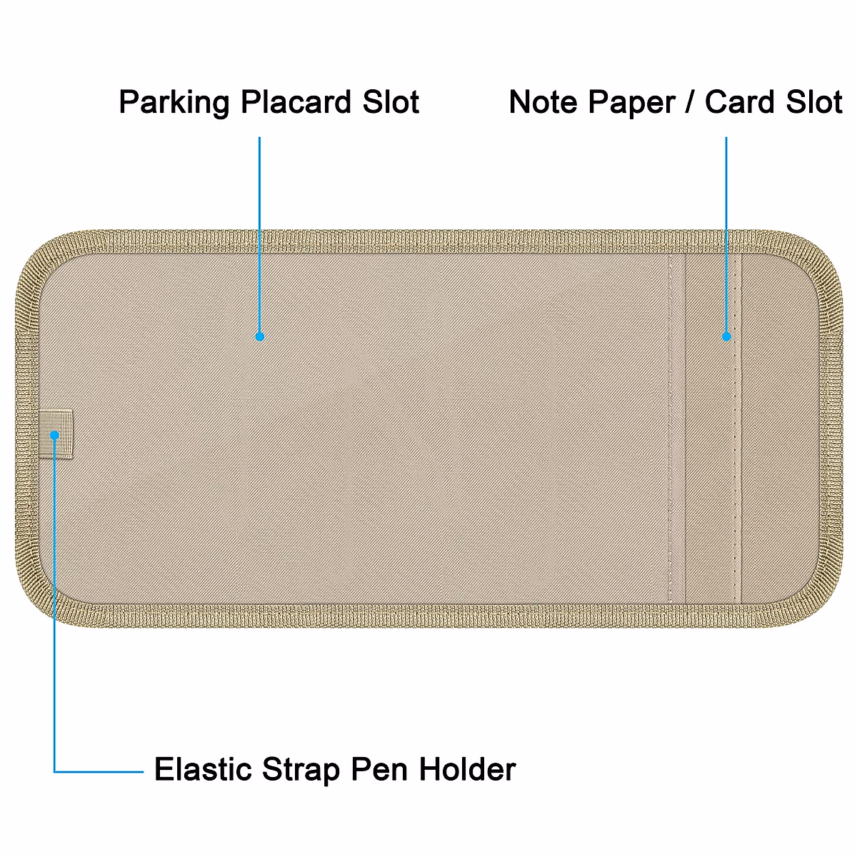 Handicap Placard Holder for Auto, Wisdompro Disabled Parking Permit Sign Protector for Car Sun Visor with Note Paper Slot, Pen Holder and Elastic Strap - Khaki