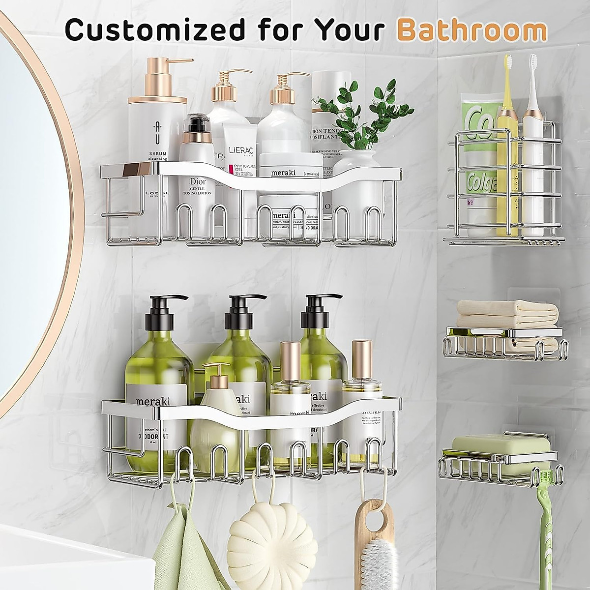 XIWAMA Shower Organizer No Drilling, 5 Pack Rustproof Stainless Steel Shower Shelves, Thickened Shower Caddy with Soap Holder and Hooks, Large Capacity Shower Shelf for Bathroom and Kitchen (Silver)