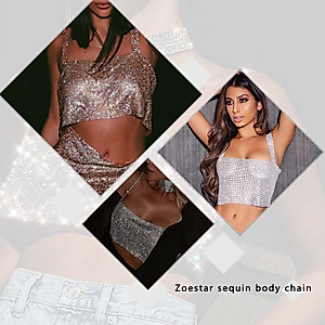 Zoestar Sparkly Rhinestone Bra Top Jewelry Silver Chest Body Chain Crystal Disco Festival Rave Club Top for Women