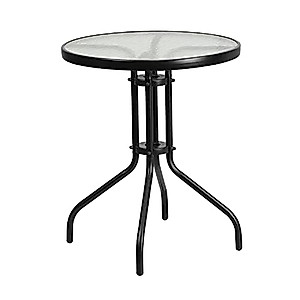 Flash Furniture 23.75'' Round Glass Metal Table with 2 Black Rattan Stack Chairs
