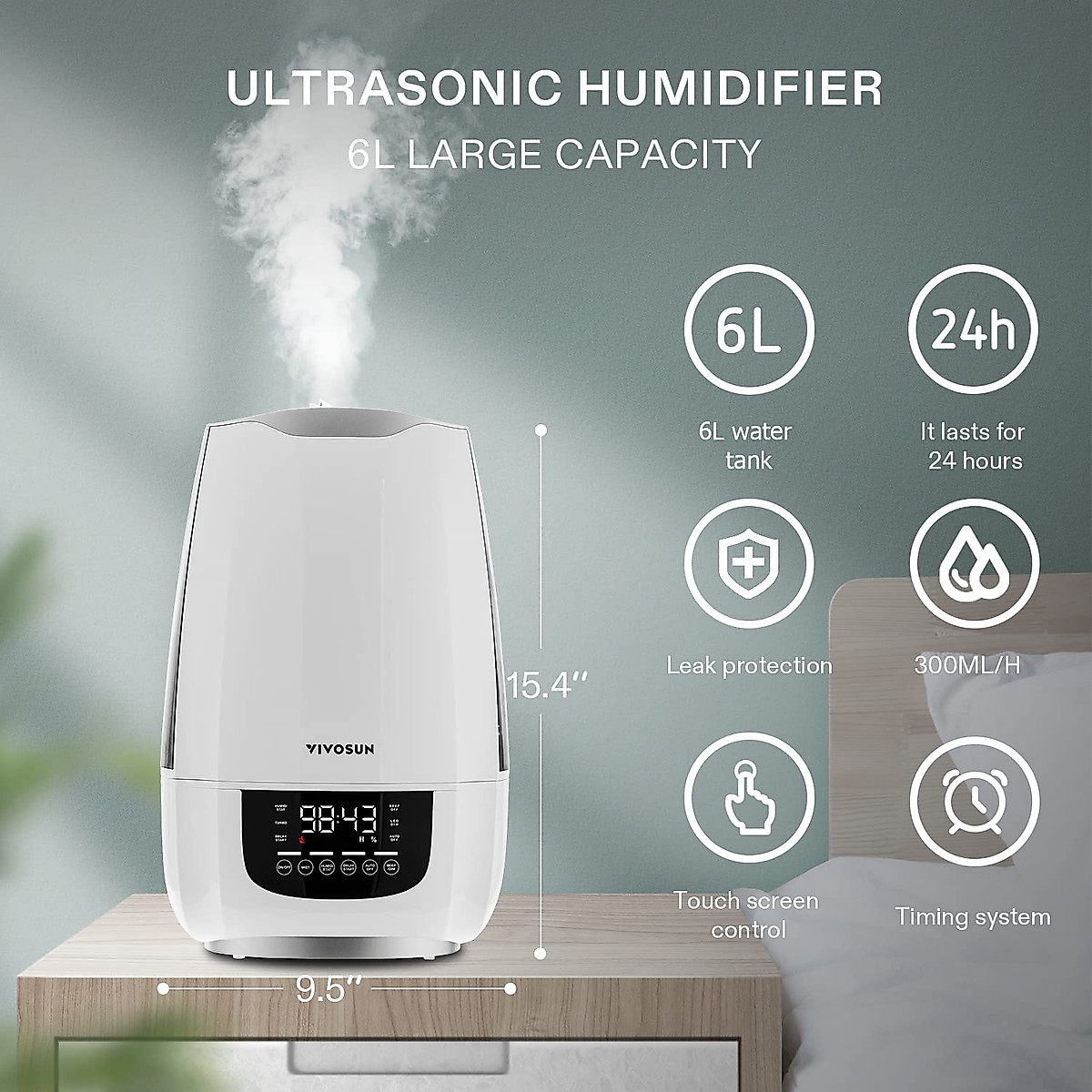VIVOSUN Cool Mist Humidifier, 6L Quiet Ultrasonic Humidifier for Bedroom (Customized Humidity, Remote Control, Sleep Mode & Auto Shut Off, 360° Nozzle) White