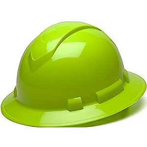 Pyramex Ridgeline Full Brim Hard Hat, 4-Point Ratchet Suspension, Hi-Vis Lime