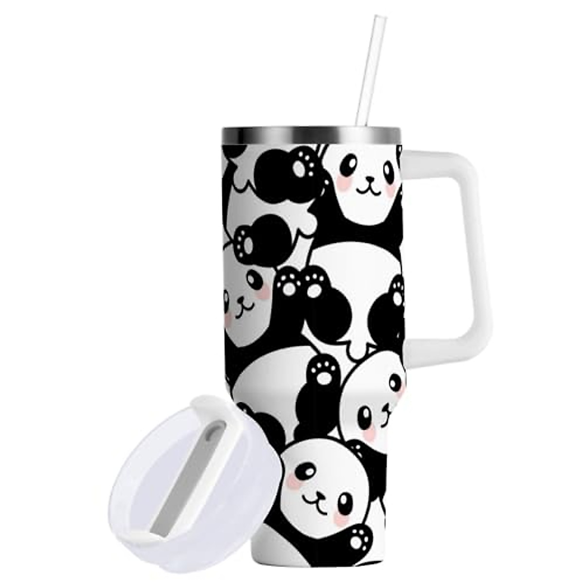 MCHIVER Cute Panda 30 oz Tumbler with Handle and Straw Stainless Steel Vacuum Water Bottle Leak-proof Travel Coffee Mug Insulated Tumbler for Home Office Car