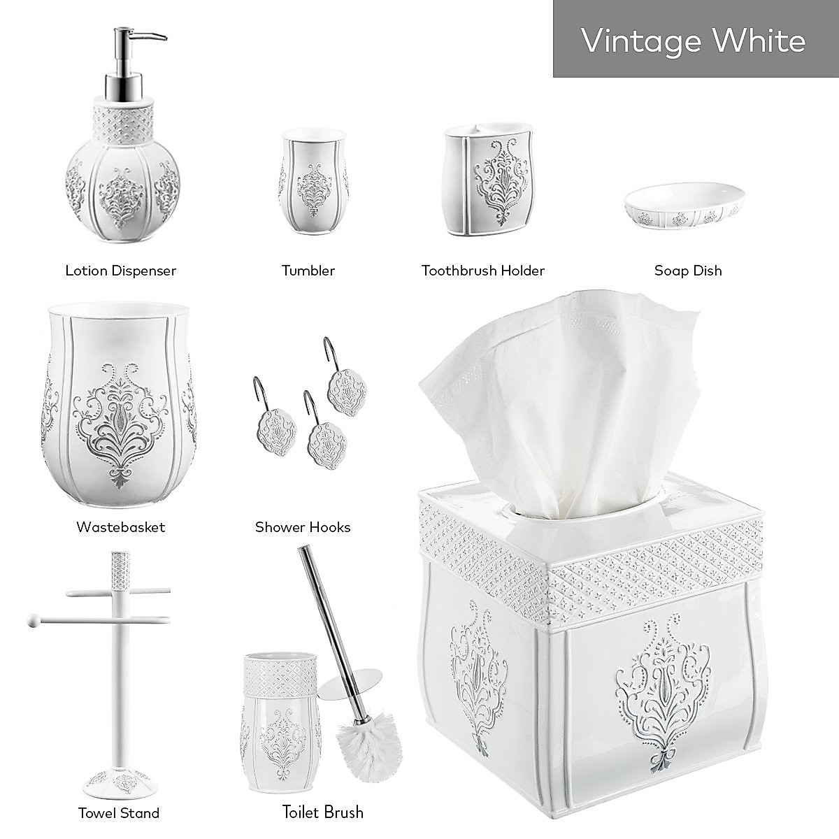 Creative Scents Bathroom Accessories Set - 4 Piece Vintage White Bathroom Set - Farmhouse French Country Bathroom Accessory Set Features: Soap Dispenser, Toothbrush Holder, Tumbler & Soap Dish