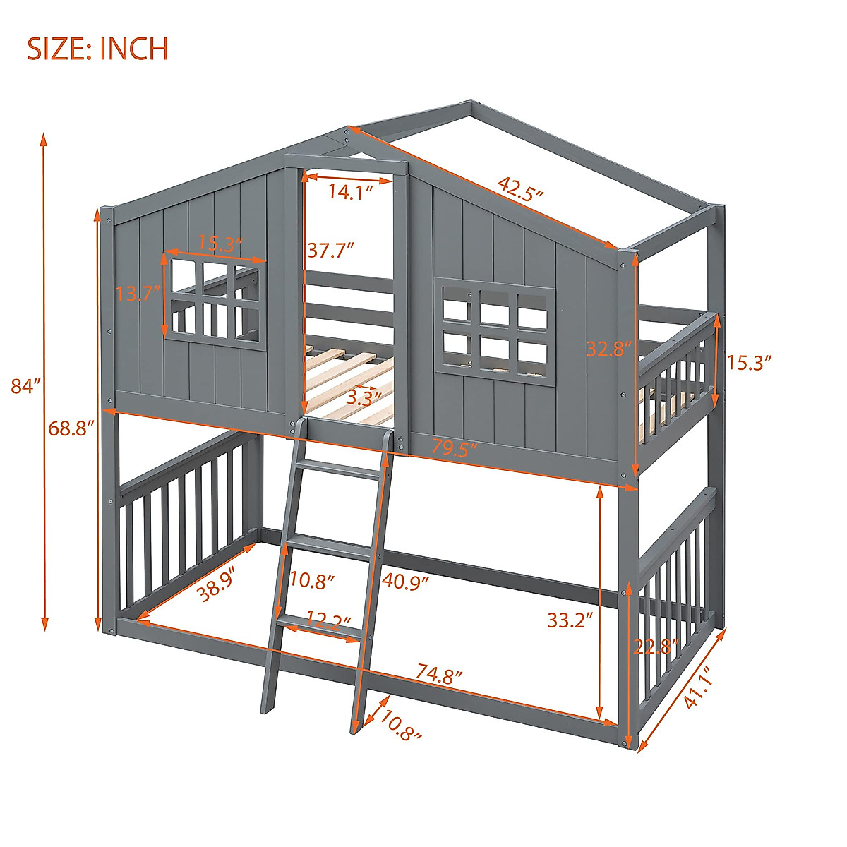 Yehha Twin Over Twin House Bunk Bed for Kids, Heavy Duty Wooden Bed w Roof and Windows, 75° Inclined Ladder, Guard Rails for Girls Boys Bedroom, Gray