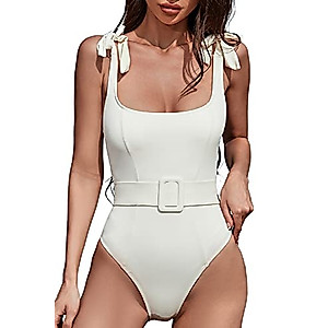 QINSEN Women's One Piece Swimsuit with Adjustable Tie Straps Elastic Belt Moderate Coverage Bathing Suit Beige S