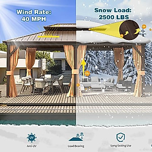 MELLCOM 12'x18' Hardtop Gazebo, Galvanized Steel Metal Double Roof Aluminum Gazebo with Curtain and Netting, Brown Permanent Pavilion Gazebo for Patio, Lawn & Garden