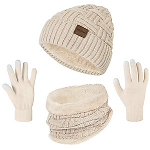 Loritta 3-Pieces Winter Hat Neck Warmer Touchscreen Gloves Set Knit Thick Scarf Beanie Hat Scarves Set Gifts for Women, Beige