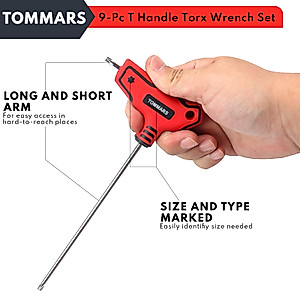 TOMMARS 9PC T Handle Torx Wrench Set, S2 Steel, T10 - T50 Tamper Proof Star Key Set