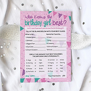 DISTINCTIVS Who Knows The Birthday Girl Best Party Game - 10 Game Cards - Girly Pink and Purple Tween Birthday Party Supplies