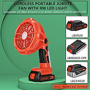WaxPar For black decker Fan Cordless Jobsite Fan, USB Floor Fan Industrial fan with Light Compatible with black decker 14.4-20V Li-Ion Battery, Remote, 3 Wind/Brightness Modes, Timer