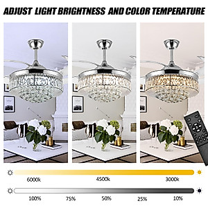 Panghuhu88 36" Invisible Ceiling Fan Chandelier Light,Modern Crystal Ceiling Fan Light Remote Control 4 Retractable ABS Blades for Bedroom Living Room Dining Room Decoration (Silver)