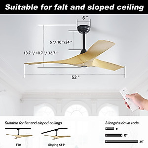 Sofucor 52" Ceiling Fan No Light, Modern Ceiling Fan with Remote Control, 3 Blades ABS Ceiling Fan with Noiseless Reversible DC Motor for Living room, Bedroom