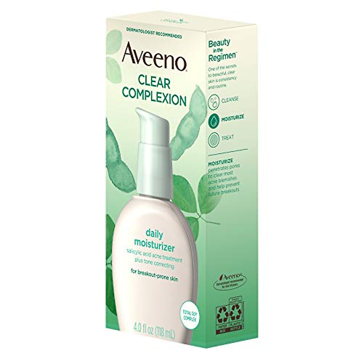 Aveeno Clear Complexion Salicylic Acid Acne-Fighting Daily Face Moisturizer with Total Soy Complex, For Breakout-Prone Skin, Oil-Free and Hypoallergenic, 4 fl. oz