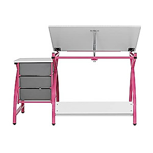 SD STUDIO DESIGNS 2 Piece Comet Center Plus, Craft Table and Matching Stool Set with Storage and Adjustable Top, 50" W x 23.75" D x 29.5" H, Pink/White