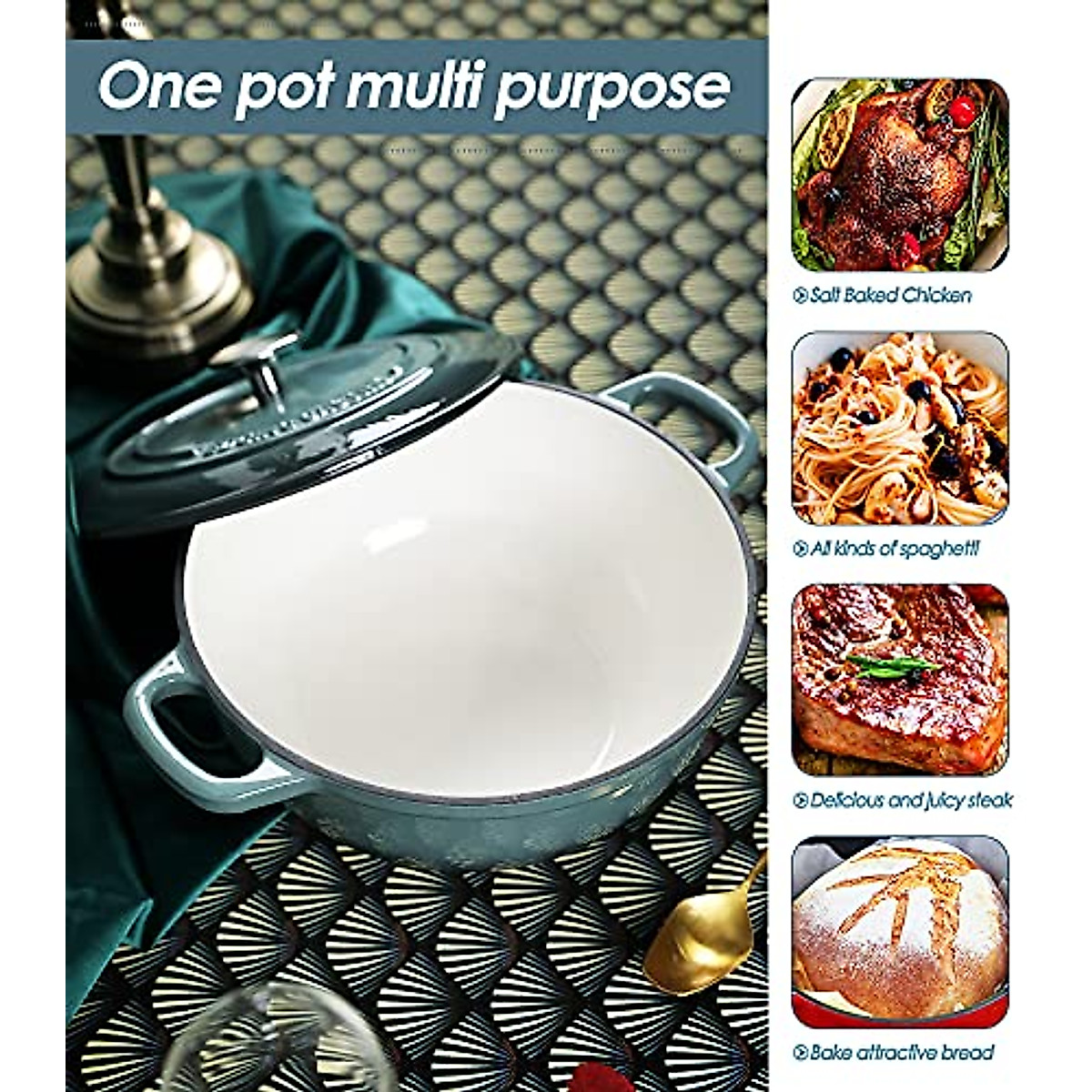 EDGING CASTING Enameled Cast Iron Dutch Oven, 5 Quart Enameled Dutch Oven Cookware Pot, Suitable For Bread Baking, Ideal for Family, Slateblue…