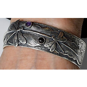 Elaine Coyne Collectible Artwear Mirror Antique Silver Dragonflies on Feather Cuff - Amethyst, Black Onyx