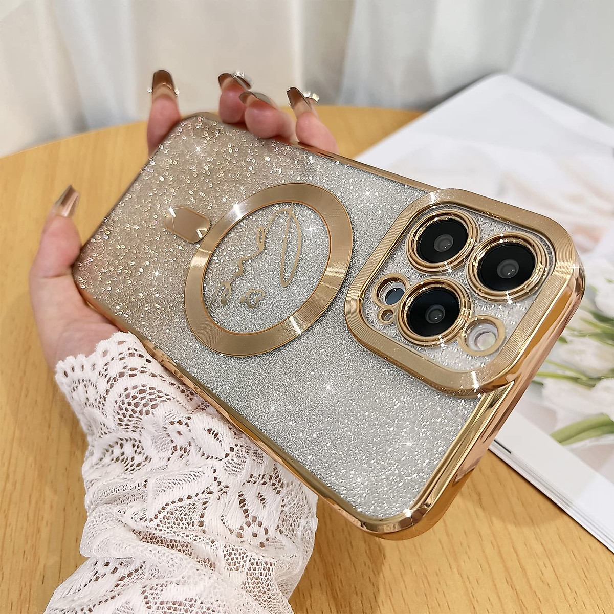 Fiyart Compatible with iPhone 13 Pro Max Case,Compatible with MagSafe Love Heart Plating Camera Protection Clear Phone Case, Magnetic Glitter for Women Girls Shockproof Back Bumper 6.7"-Gold