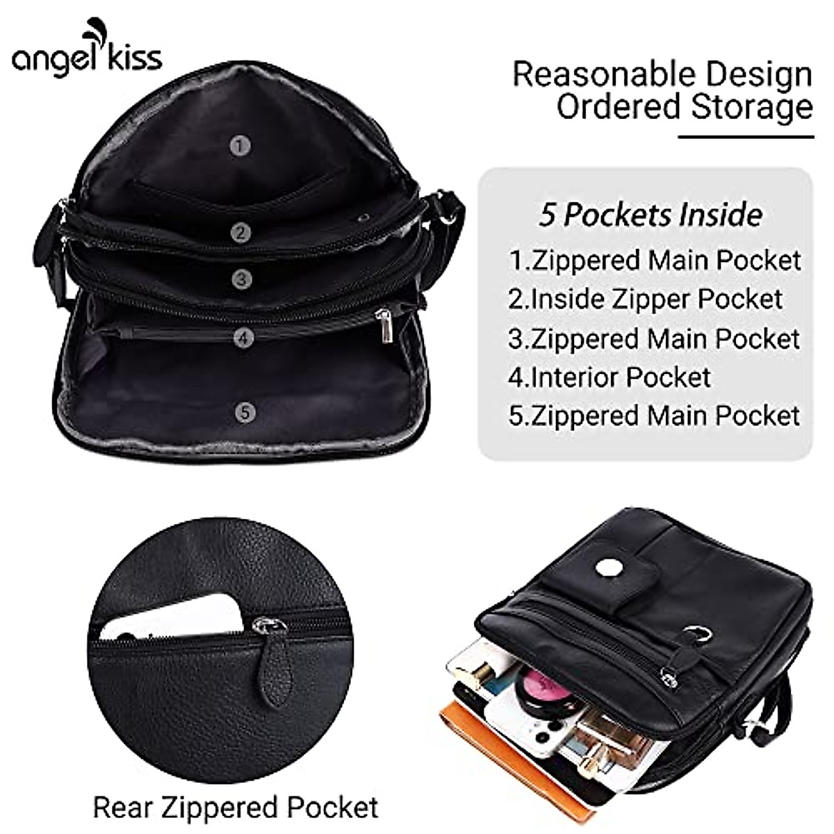 Angel Kiss Vegan Leather Crossbody Bag Women Shoulder Purse Female Multiple Zipper Pockets