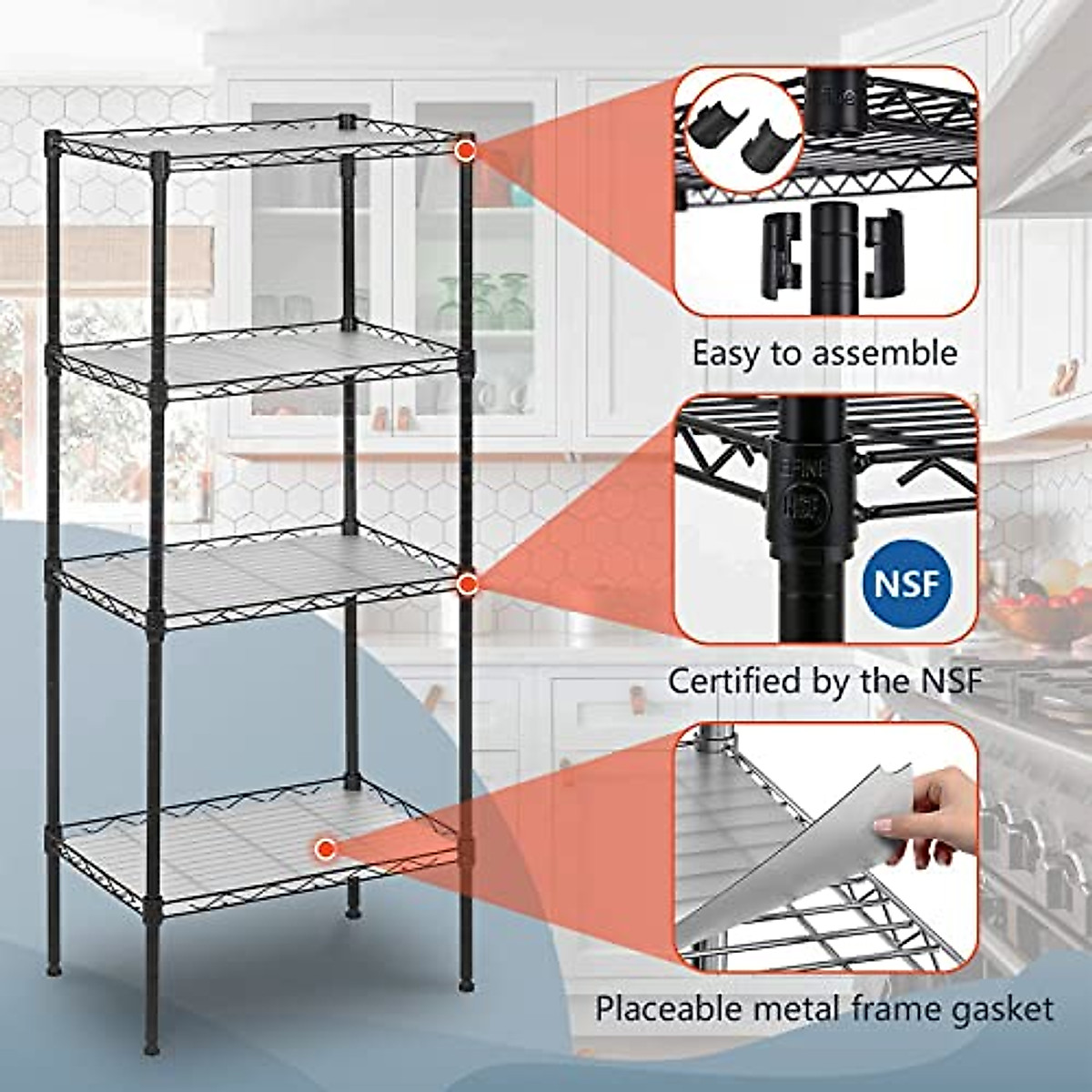 Dlewmsyic 4-Tier Wire Shelving, Adjustable Storage Shelves with 4 PP Sheets 600lbs Capacity Metal Shelf 18L x12W x44H Commercial Storage Rack for Office Garage Kitchen Basement Bedroom, Black