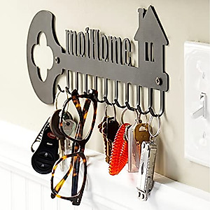 moiHome Key Organizer Wall Mount Rack - Decorative 10 Hook Iron Key Ring Holder for Wall - Ideal for Entryway, Front Door, Kitchen, Hallway - Includes Screws & Anchors – 5 x 14.75 Inches, Black